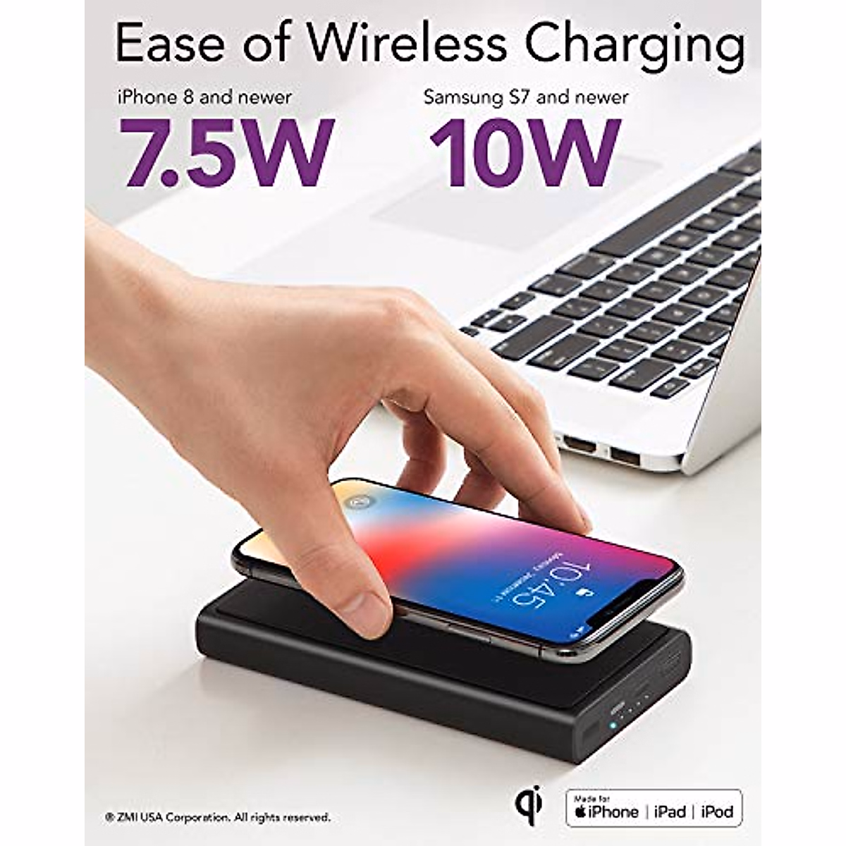 ZMI LevPower M10 MFi & Qi Certified USB PD Portable Charger with USB-C & Lightning Ports, Wireless Power Bank Compatible with iPhone 14/13/12/11/Pro/Max/X/XS/XS Max/8/8 Plus & iPad