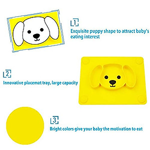 Qshare Toddler Plate, Portable Baby Plates for Toddlers and Kids, BPA-Free Strong Suction Plates for Toddlers, Dishwasher & Microwave Safe Silicone Placemat 11x8x1 inch (3Puppy-Yellow)
