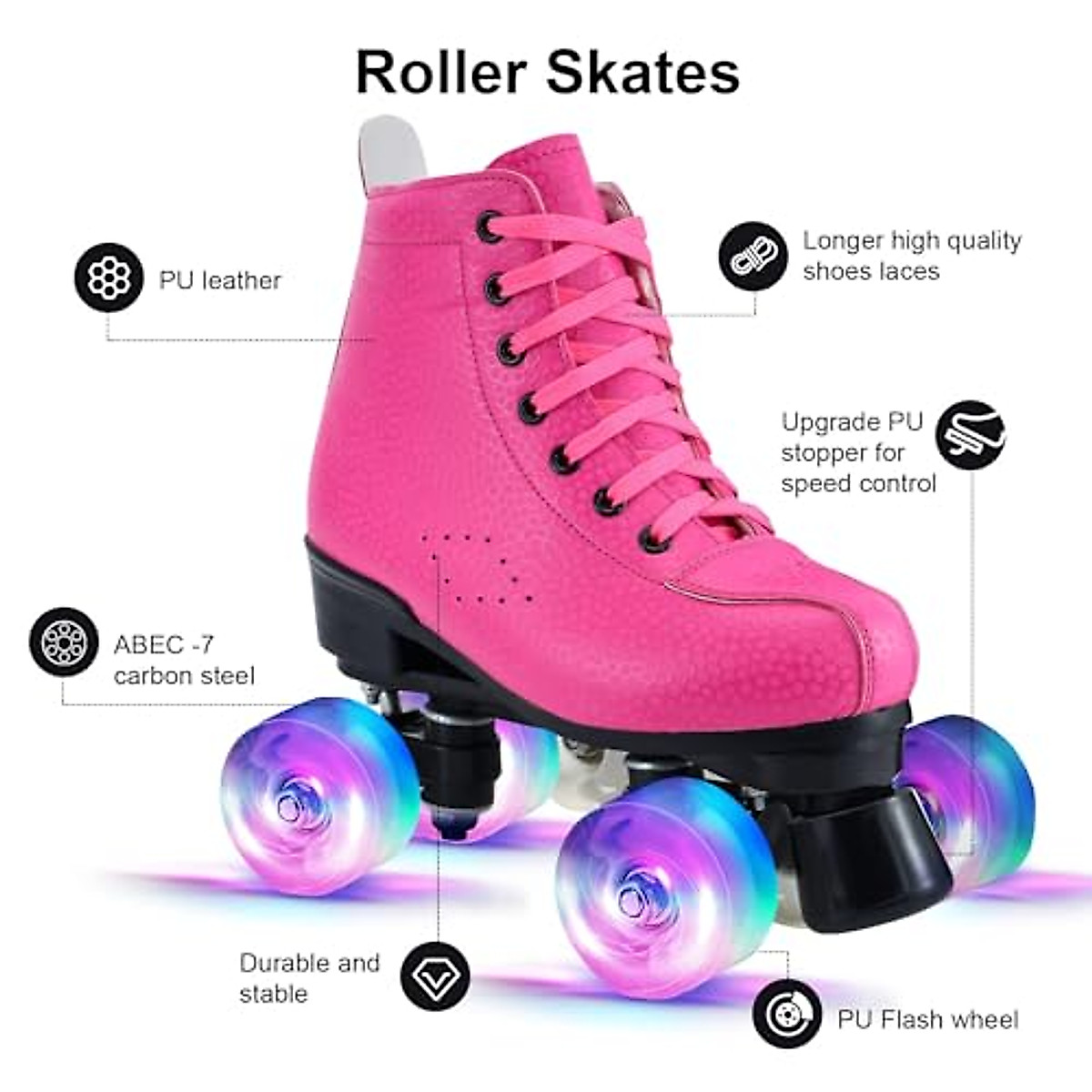 kelodo Roller Skates for Women&Girls, Boys&Men PU Leather High-top Classic Double-Row Design Roller Skates Boot, 4 Shiny Wheels Adult Quad-Skates Indoor/Outdoor Roller Skates for Unisex Beginner