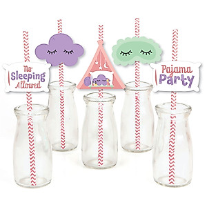 Big Dot of Happiness Pajama Slumber Party - Paper Straw Decor - Girls Sleepover Birthday Party Striped Decorative Straws - Set of 24