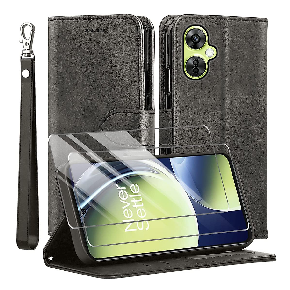 for OnePlus Nord N30 Case and Tempered Glass Screen Protector, PU Leather Flip Cover Wallet Phone Case Protector [Full Protection] [Card Slots] [Kickstand] for OnePlus Nord CE 3 Lite 5G, Black