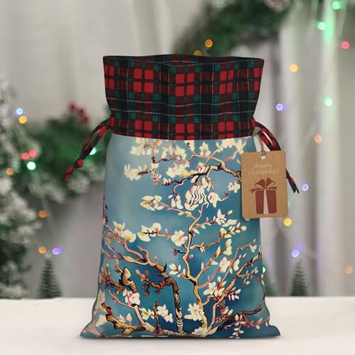 EVANEM Christmas Gift Bags with Drawstring Burlap Gift Bags almond blossom Christmas Linen Bags for Xmas Party Candy Bags with Cards Xmas Reusable Wrapping Bags Christmas Linen Treat Bags for Holiday