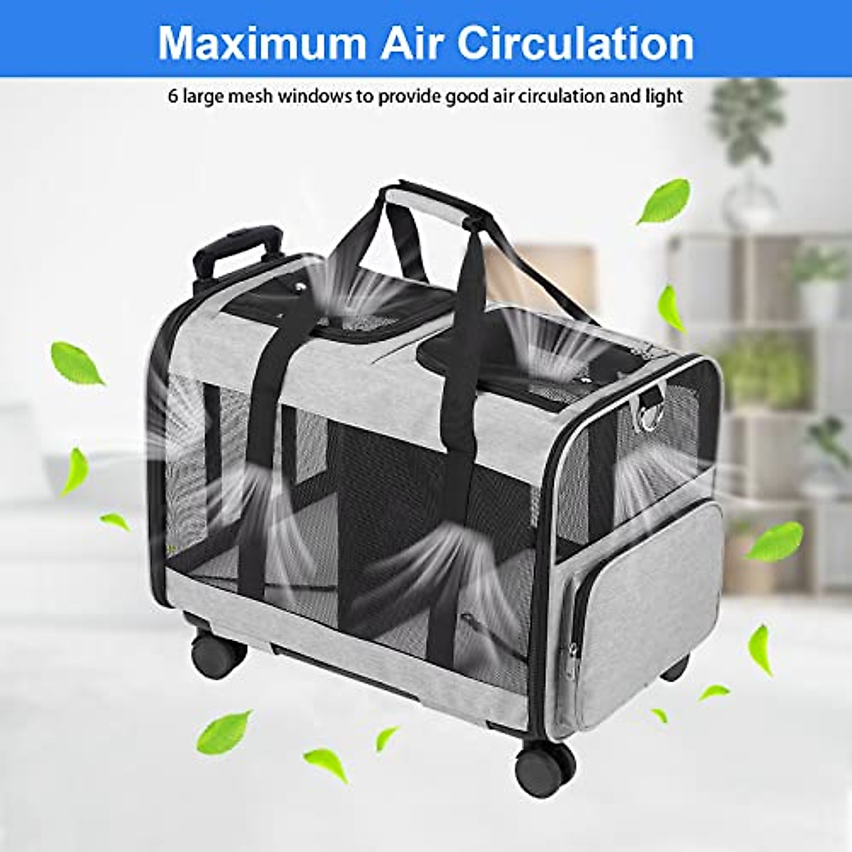 VOISTINO Double Compartment Pet Carrier with Detachable Wheels for Cat/Dog, Rolling Carrier for 2 Small Cats/Dogs, Super Ventilated Design, Ideal for Traveling/Walking/Camping