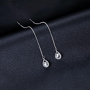 Reffeer Solid 925 Sterling Silver CZ Droplet Chain Dangle Earrings for Women Teen Girls Tassel Dangle Earrings Threader (A-Silver)