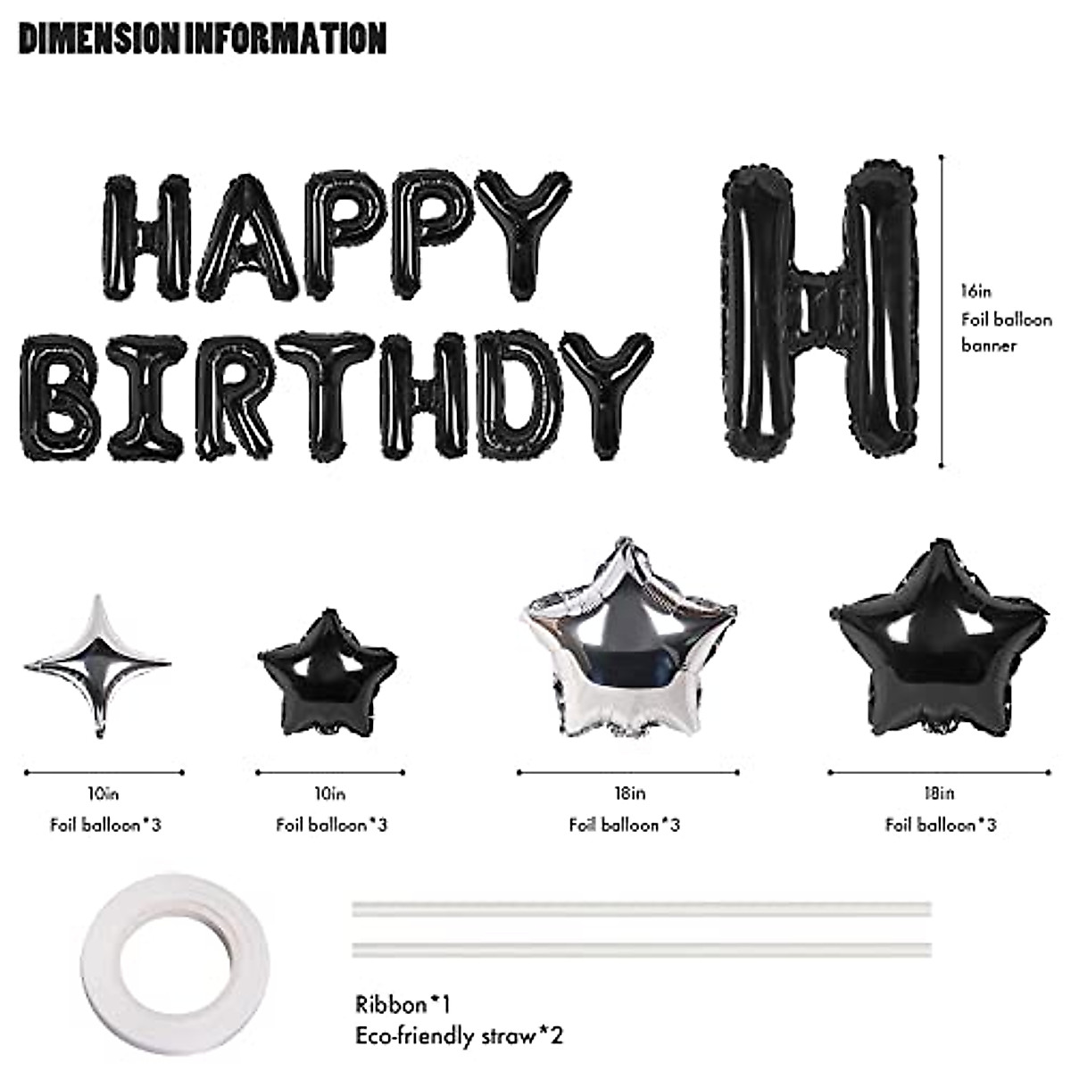 CANREVEL Happy Birthday Banner 13pcs 16 Inch Mylar Foil Letters with 12pcs Star Balloons Birthday Party Decorations for Kids and Adults - 3D Black