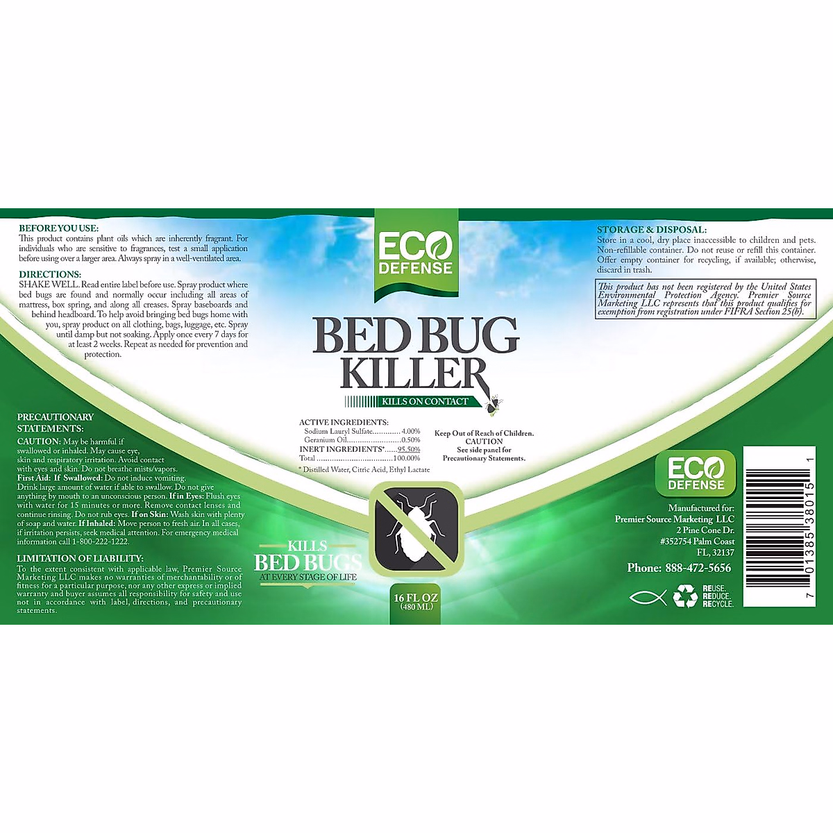 Eco Defense Bed Bug Killer - USDA Biobased, Bed Bug Spray & Dust Mite Spray - Natural Repellent Treatment - 16 oz