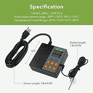 BN-LINK Digital Temperature Controller Heating Cooling 2-Stage Outlet Thermostat Controller Plug for Reptiles Aquarium Carboy Homebrew Breeding Fermenter Seed Germination °C/°F -40-176°F 15A/1875W