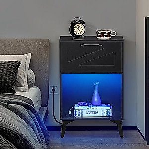 Lerliuo Nightstand with Charging Station and Led Lights, Night Stand with USB Ports and Outlets, Modern Bedside Table with Drawer and Storage Shelf, Black Smart Side Tables for Bedroom