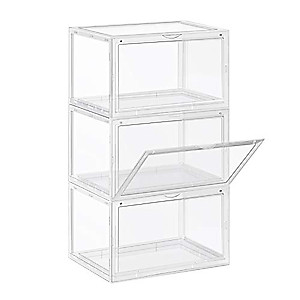 SONGMICS Shoe Boxes, Pack of 3 Stackable Shoe Organizers with Clear Door for Sneakers, Plastic Shoe Storage for US Size 12, 14.2 x 11 x 8.7 Inches, Transparent ULSP03CW