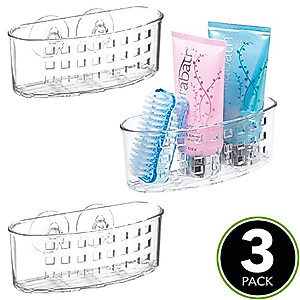 mDesign Plastic Suction Shower Caddy Storage Basket - Soap and Sponge Holder for Bathroom Organization of Body Wash, Loofahs, Razors, Small Shampoo and Conditioner Bottles, Bath Bombs - 3 Pack - Clear
