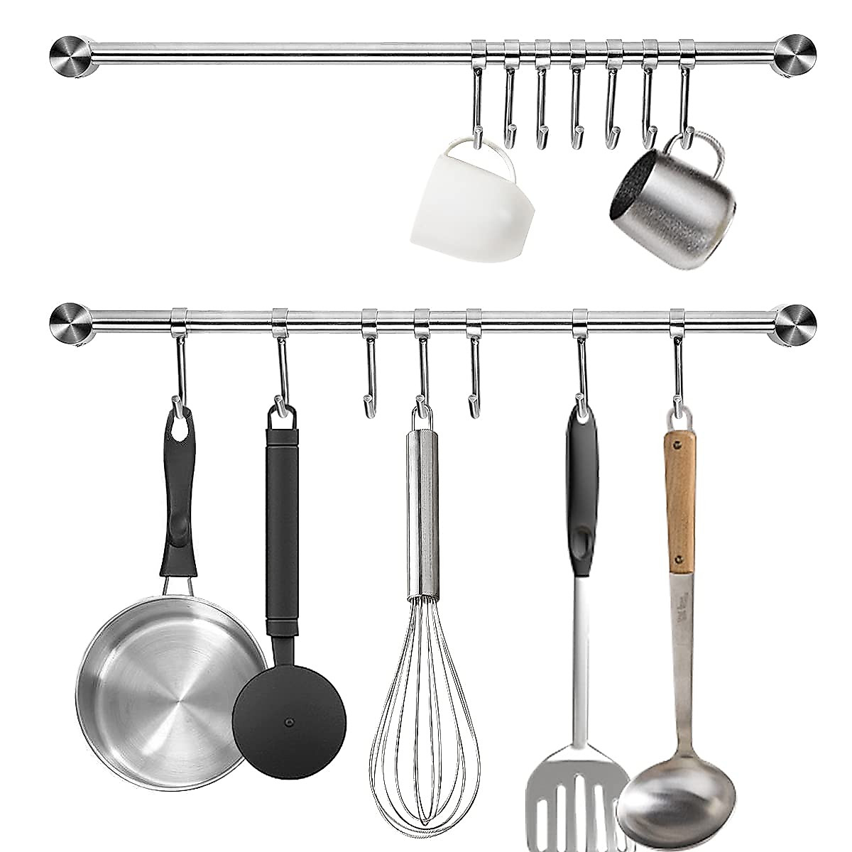 Kitchen Utensil Rack 2 Pack, Audmore 15.6 Inch Pots and Pans Hanging Rack Wall Mounted, 304 Stainless Steel Lid Cooking Utensil Hanger, 7 Sliding Hooks for Spatula Spoon, Measuring Cups, Coffee Mug