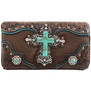 Zelris Turquoise Rhinestone Cross Western Women Crossbody Wrist Trifold Wallet (Brown)