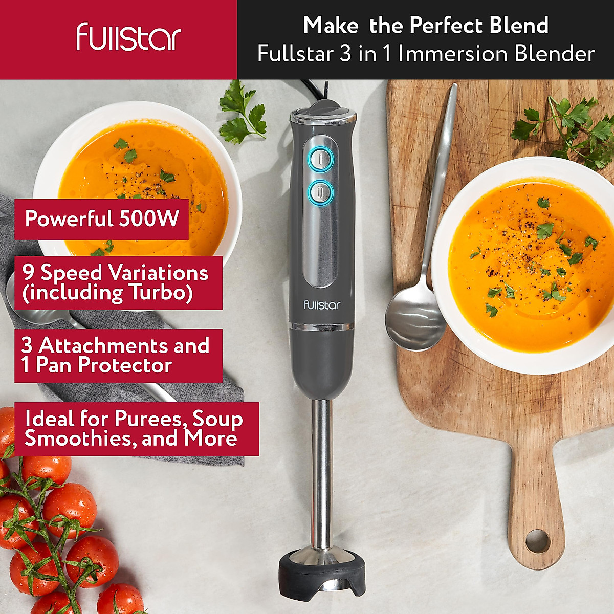 Immersion Blender Set, Hand Blender Electric, Immersion Blender Handheld, 9-Speed, 500W Handheld Blender - Hand Blenders Immersion, Hand Mixer Electric Blenders, Smoothie Blender (3-in-1, Gray)