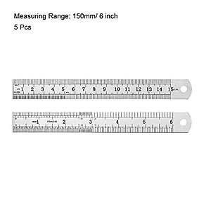 uxcell Straight Ruler 150mm 6 Inch Metric Stainless Steel Measuring Ruler Tool with Hanging Hole Inch & Centimeters Precision Drawing Ruler 5pcs