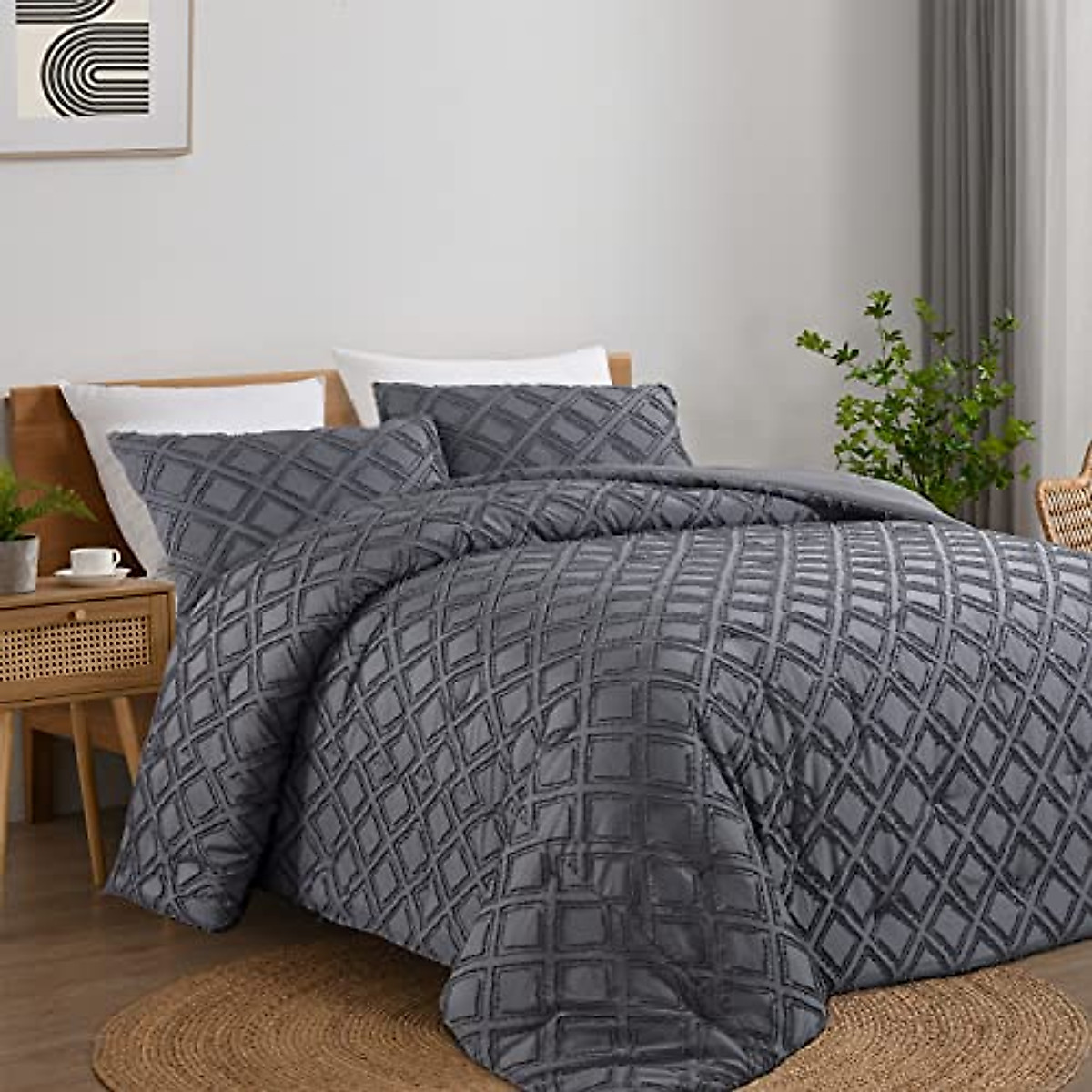 HOMBYS Boho Comforter Set California King Size, 108x98 Tufted Jacquard Geometry Bedding Comforter for King Bed, Shabby Chic Bed Sets with 2 Matching Pillow Cases,Grey