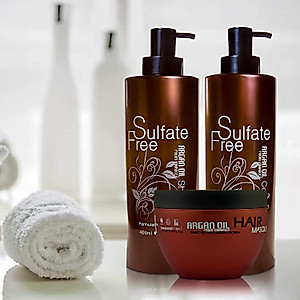 BINGO HAIR CARE Moroccan Argan Oil Shampoo Conditioner and Mask Set, Sulfate Free for Damaged, Dry, Curly or Frizzy Hair - Thickening for Fine/Thin Hair Safe for Color and Keratin Treated Hair