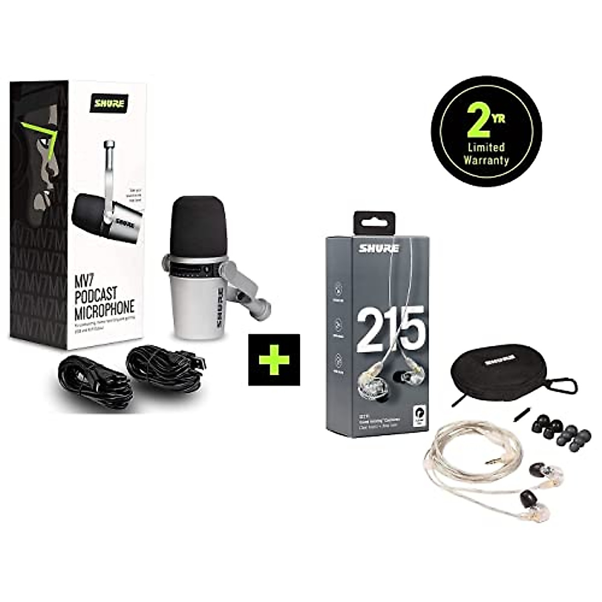 Shure MV7 USB/XLR Dynamic Microphone + SE215 Professional in-Ear Headphones for Podcasting, Recording, Streaming & Gaming, Built-in Headphone Output, Voice-Isolating Technology - Silver/Clear