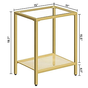 MAHANCRIS End Table, 2-Tier Beside Table with Mesh Shelf, Sofa Side Table with Tempered Glass Top, TV Tray Table for Small Space, Snack Side Table, Nightstand for Bedroom, Living Room, Gold ETJ24B01