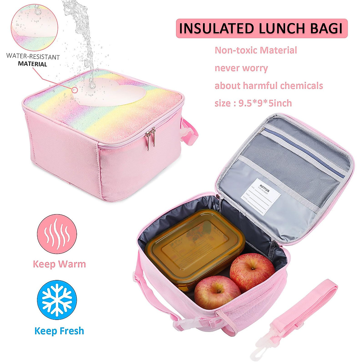 Girls Backpack, Kids Backpack for Girls with Lunch Box Girls Rainbow Unicorn Backpack Sequin Glitter School Backpack Preschool Kindergarten Elementary School Bag for 4- 8 Years Old Girl