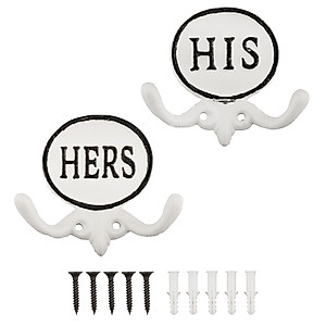AuldHome Design His and Hers Towel Hooks (Set of 2); Cast Iron Rustic Farmhouse Decor Door Wall Hangers