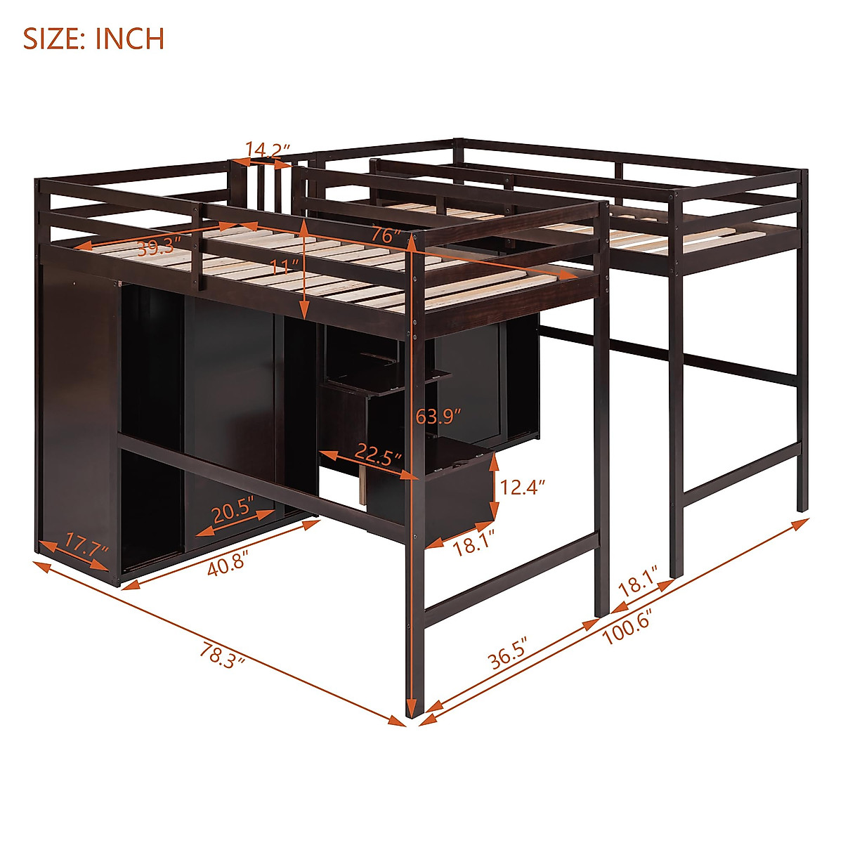 BIADNBZ Wooden Double Twin Size Loft Bed with Two Wardrobes and Staircase for Kids/Teens/Bedroom,Espresso