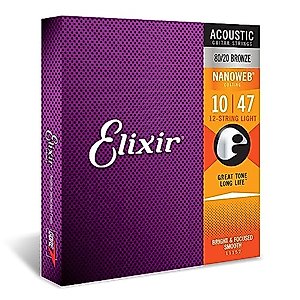 Elixir Strings, Acoustic Guitar Strings, 80/20 Bronze with NANOWEB Coating, Longest-Lasting Bright and Focused Tone with Comfortable Feel, 12 String Light 10-47