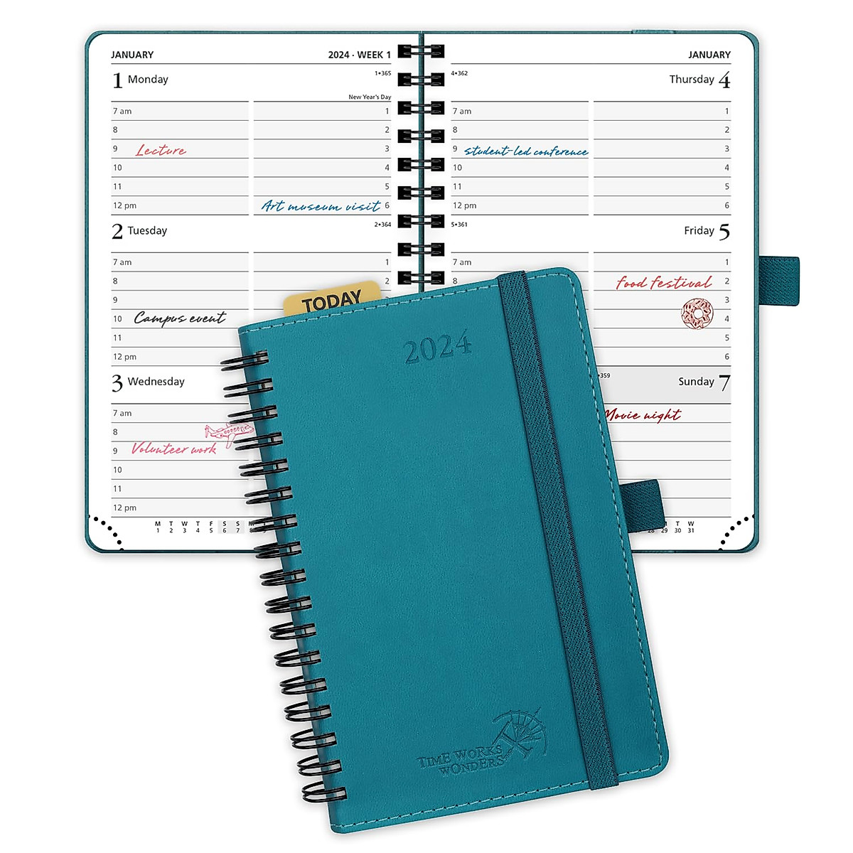 POPRUN 2024 Weekly Planner Spiral Bound - Hourly Schedule & Vertical Weekly Layout - 2024 Planner for Time Management,6.5" x 8.5"- Monthly Tabs, Pen Holder, Leather Soft Cover - Pacific Green