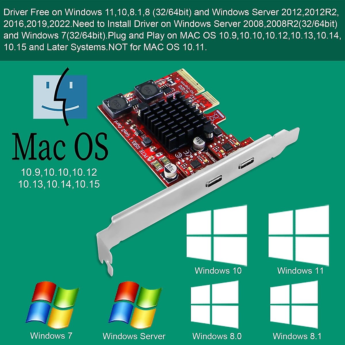 PCI Express to 2X USB 3.1 GEN2 Type C 10Gbps Ports Card for Windows 7, 8.1, 10, 11 (32/64) and MAC OS 10.9,10.10,10.12,10.13,10.14,10.15 PCs, Built in Smart Power Control Technology (PCE-U312C)