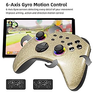 Mytrix Gold Wireless Switch Controller Compatible with Nintendo Switch/OLED/Lite Steam Deck, Pro Controller with Turbo, Motion, Vibration, Wake-Up, Headphone Jack and Dynamic Joystick RGB Lighting