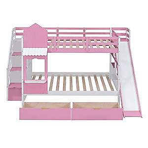 Kids Bunk Bed with Stairs and Slide, Wood Full Over Full Bunk Bed with Storage Drawers and Shelves, Castle Style Bunk Beds for Kids Teens Girls Boys, Pink