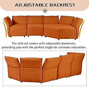 Verfur 106.3" Free Combination Curved Adjustable Backrest, 4-Seater Modular Sectional, Confy Upholstery Convertible Corner Sofa & Couches for Living Room, Office, Apartment, Orange