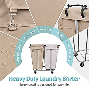 PLKOW Laundry Cart with Wheels 280L Large Laundry Sorter 2 Section for Commercial/Home, Rolling Laundry Cart with Steel Frame and Removable Bag, 8 Bushel, 32.3L x 19.7W x 31.5H Inch