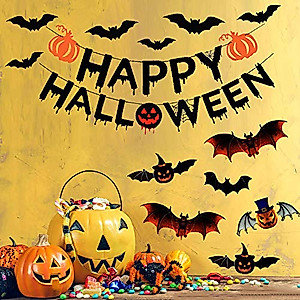 JOLLY SWEETS Happy Halloween Banner Set with Scary Bat Stickers 28Pcs, Pumpkin Sign Designed with Ghost, with Scary 3D Bat Wall Stickers, Halloween Decorations, Halloween Party Supplies