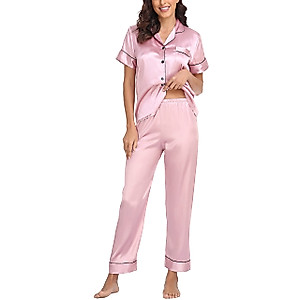 goodmansam Women's Satin Pajamas Set 2 Piece Pj Set Sleepwear Notch Collar Short Sleeve T-Shirt Button-Down Loungewear with Long Pants Pink Small