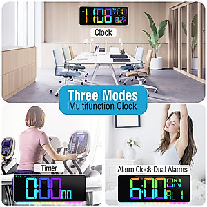 TXL Digital Wall Clock Large Display, 13.7" Large Digital Clock with Remote Control, Dual Alarm, Count Up/Down Timer, RGB Color Changing LED Wall Clock for Classroom, Bedroom, Living Room