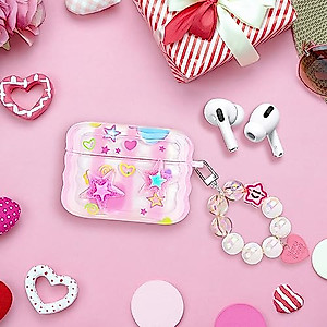 Cute AirPods Pro 2 Case with Love Pendant Colorful Round Bead Keychain, Glitter 3D Stars Design Soft Protective Cover Compatible with AirPods Pro 2nd Generation 2022 Case for Women and Girls