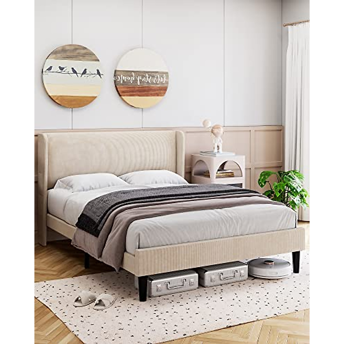 Homhougo Queen Bed Frame, Upholstered Platform Bed with Wingback Headboard, Velvet Upholstered Bed Frame with 2 Storage Pockets, Strong Wooden Slat Support, Easy Assembly, Box Spring Optional, Beige
