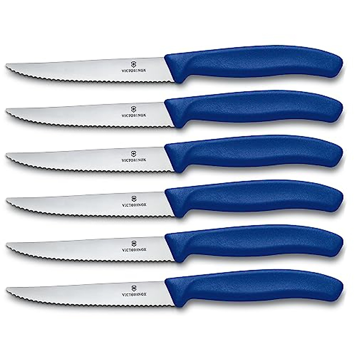 Victorinox 6.7232.6 Swiss Classic Steak Knife Set Ideal for Slicing a Wide Variety of Steak Cuts Wavy Edge Blade in Blue, Set of 6