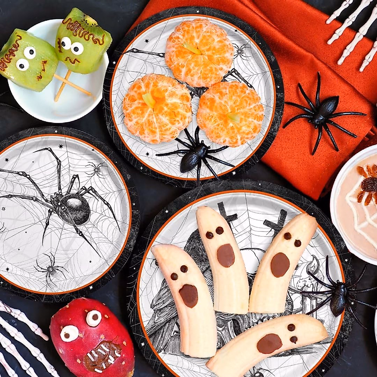 Gatherfun Spider Webs Halloween Party Supplies - Featuring Skull & Spider Themes, All-inclusive Wicked Web Paper Plates and Napkins. Ideal for Halloween Party Decorations, Serve 50 Guests.