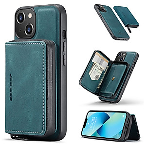 Phone Case for iPhone 14 6.1 inch Wallet Cover with Tempered Glass Screen Protector and Credit Card Holder Zipper Stand Leather Cell Accessories iPhone14 5G i i-Phone i14 iPhone14case Women Blue