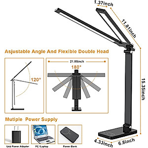 YUNSOVA LED Desk Lamp for Home Office, Double Head Desk Light, 5 Color Modes , 6 Brightness Levels, Touch Control, USB Charging Port, Auto Timer, Eye-Caring dimmable Table Lamp for Reading Study