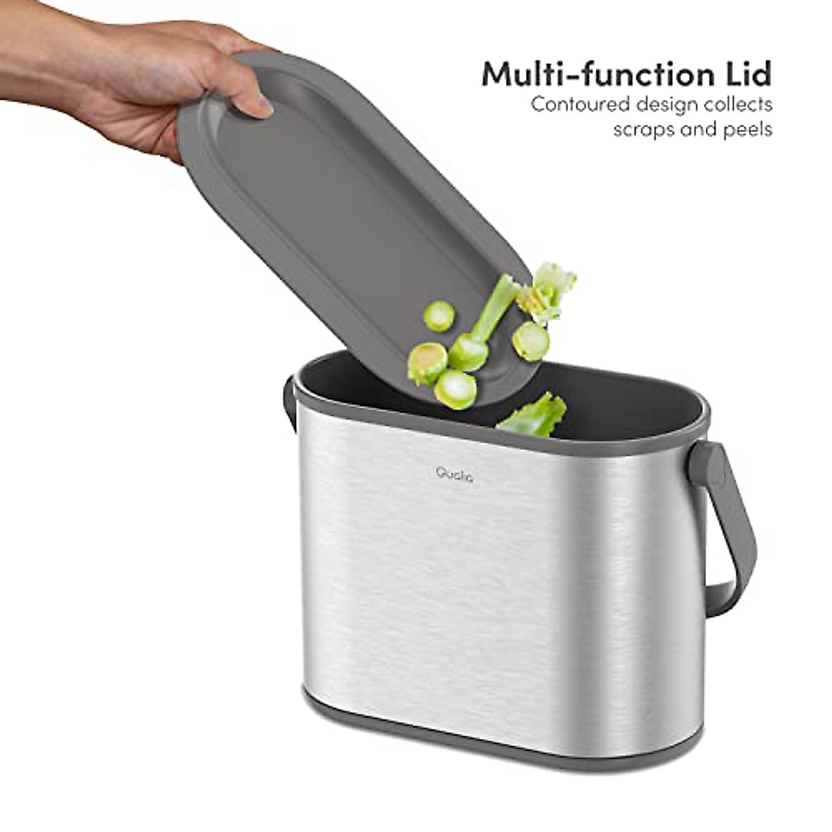 QUALIAZERO Multi-Purpose Countertop Compost Bin | 4L / 1 Gal Stainless Steel Slim Shape | Trash Can with Gray Lid | 1PC (4L / 1 Gal, Gray)