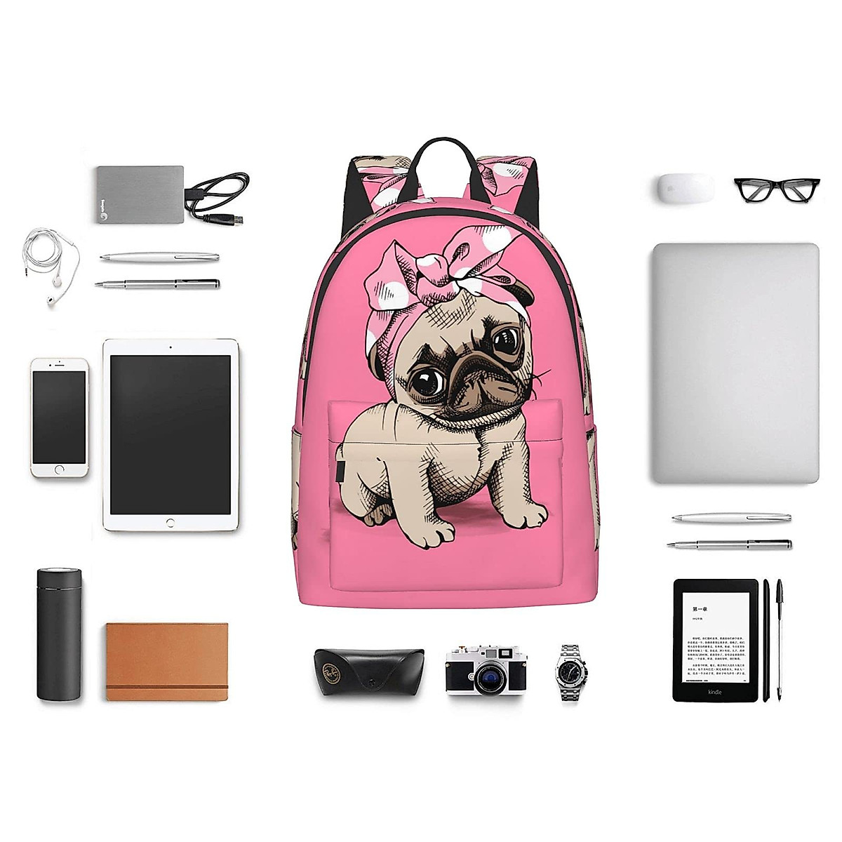 FeHuew 16 inch backpack Cute Pink Cartoon Pug Laptop Backpack Full Print School Bookbag Shoulder Bag for Travel Daypack