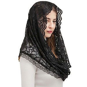 PAMOR Infinity Floral Veils Scarf Chapel Veil Head Covering Wrap Style Latin Mass Lace Mantilla (Black)