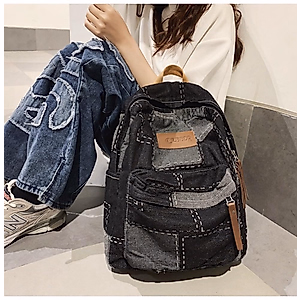 JHTPSLR Preppy Backpack Denim Patch Backpack Vintage Aesthetic Backpack Cowboy Backpack Cool Street Backpack Book Bags Supplies (Black)