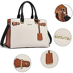 BOSTANTEN Women Leather Handbag Designer Satchel Purses Top Handle Shoulder Totes Crossbody Bag Beige with Brown