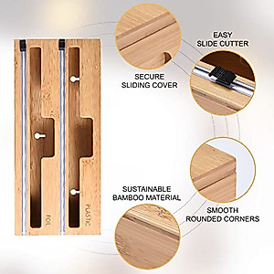Reneware 2 in 1 WrapBox Foil and Plastic Wrap Organizer - Saran Wrap Dispenser with Cutter, Bamboo Kitchen Drawer Organization for 12” Roll, Aluminum & Cling Film Holder, Foil Holders & Organizers