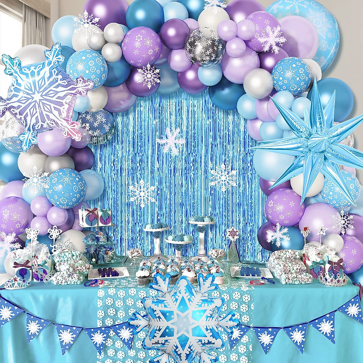 Amandir 162PCS Snow Birthday Party Supplies, Snow Balloon Garland Arch Kit Fringe Curtain Blue Purple Snowflake Foil Balloons Princess Winter Wonderland Girl Baby Froze Party Decorations