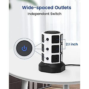 Power Strip Tower with Wireless Charger - Surge Protector with USB, JACKYLED Electric Outlet 13A 10 AC Outlets 4 USB Ports 6.5ft Extension Cord for School Dorm Office Home Desktop Computer White Black