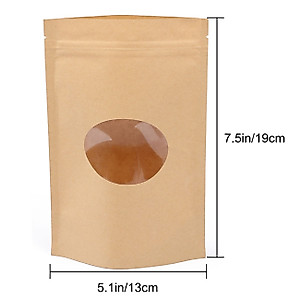 Katkitchen 100PCs Zip Lock Stand Up Kraft Paper Food Storage Bags Pouch with Round Window & Tear Notch, 5.1"x7.4" Food Saver Paper Party Gift Favor Wrap for Candy, Coffee Beans Nuts